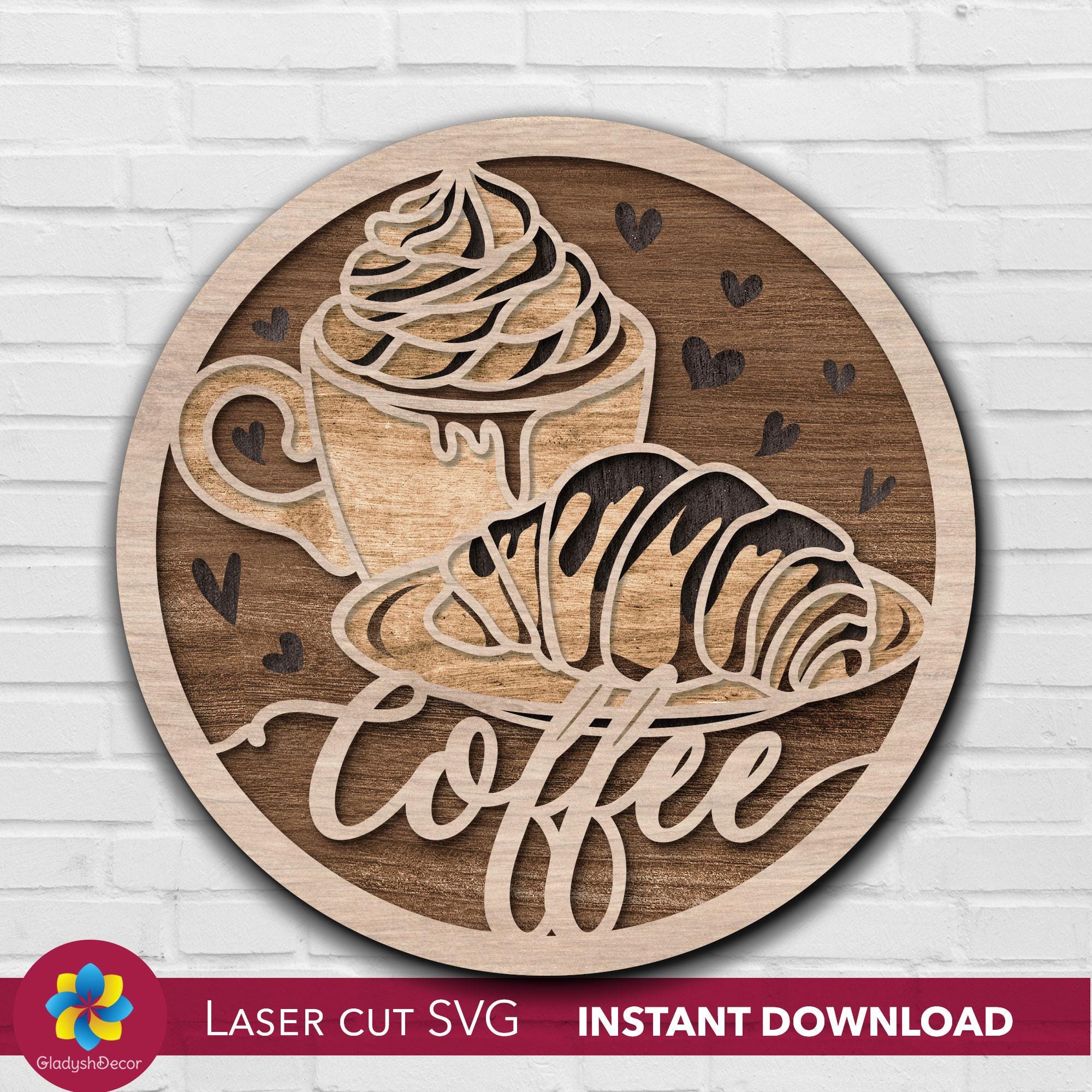 3D Layered Coffee & Croissant Sign SVG, Multilayer Kitchen Wall Art ...