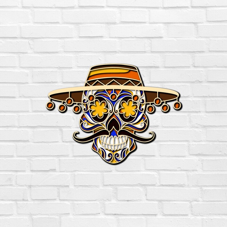 Skull 3D Layer SVG, Sugar Skull Sombrero DXF, Mexico Wall Decor, Skull ...