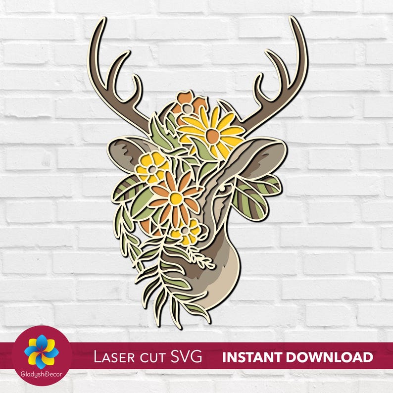 3D Layered Deer SVG for Laser Cut, Floral Animal Wall Art, Multi-layer ...