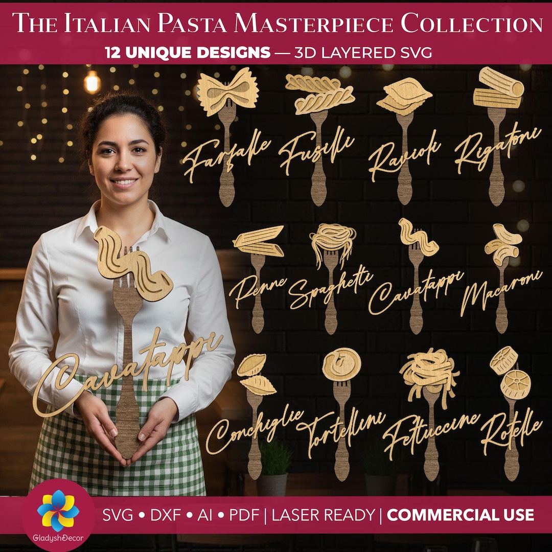 12 Italian Pasta 3D Layered SVG Bundle, Multilayer Wooden Wall Art Set ...