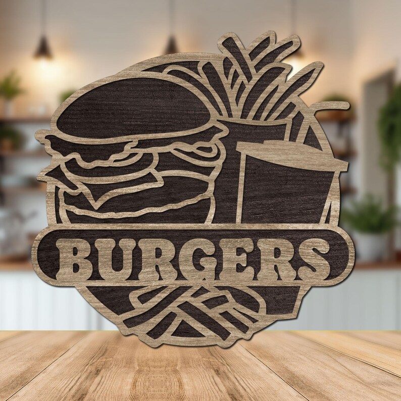 Burger Sign SVG, Fast Food Door Hanger Laser Cut File, Cafe Decor SVG ...