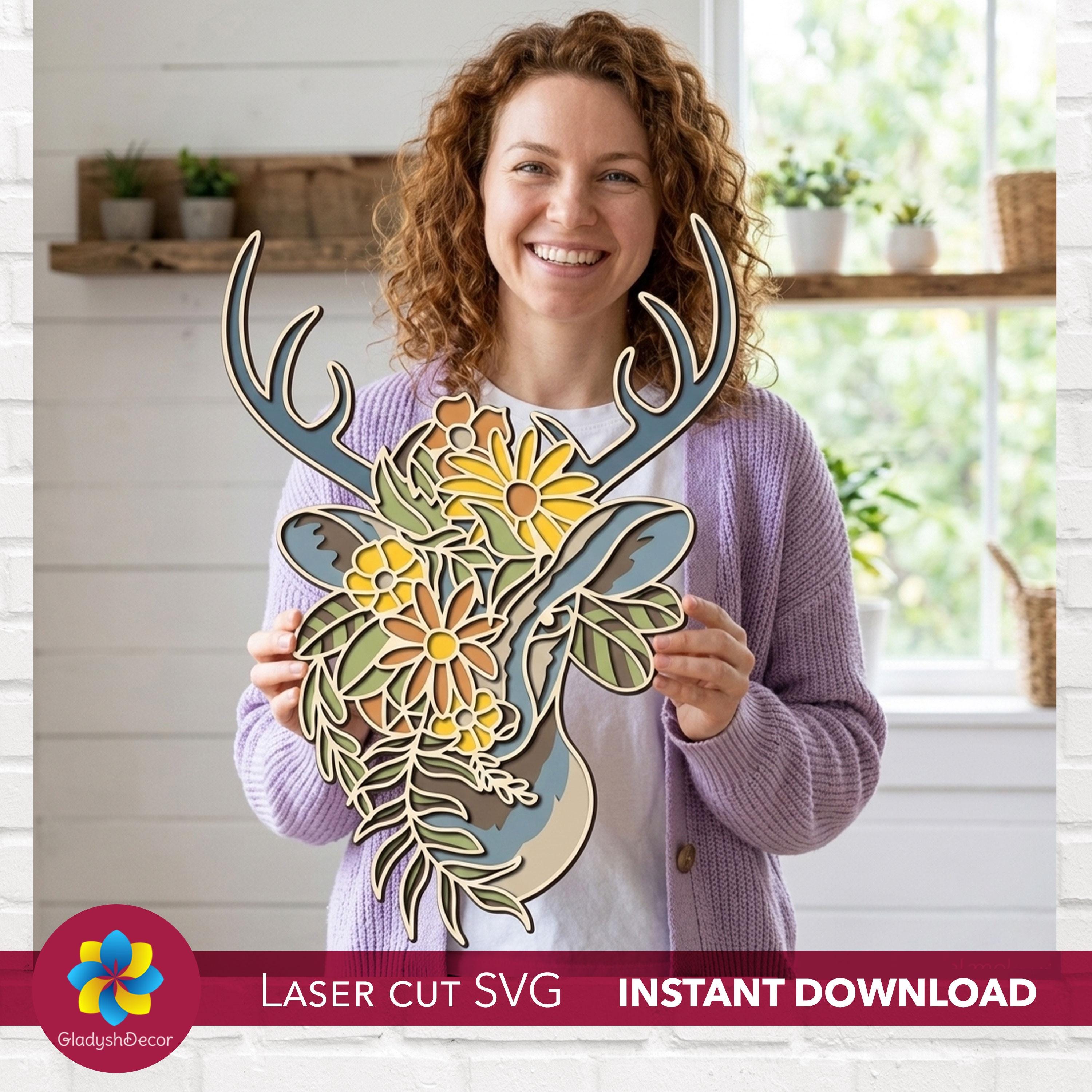 3D Layered Deer SVG for Laser Cut, Floral Animal Wall Art, Multi-layer ...