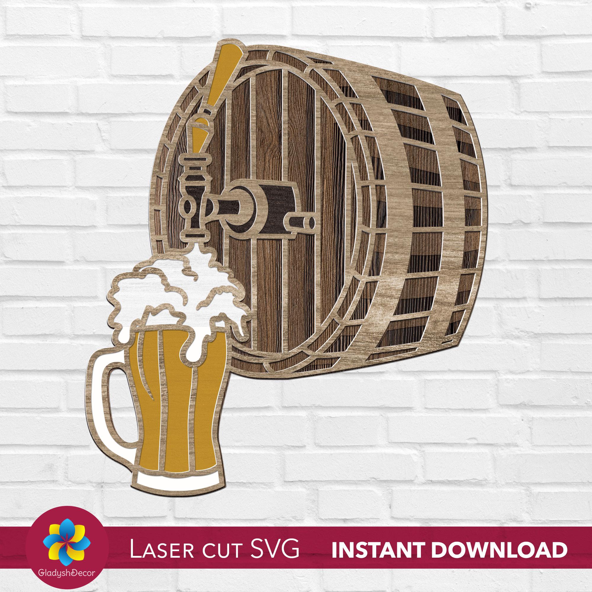 Beer Bar Wall Decor, Wooden Barrel & Mug Sign, Laser Cut File SVG DXF ...
