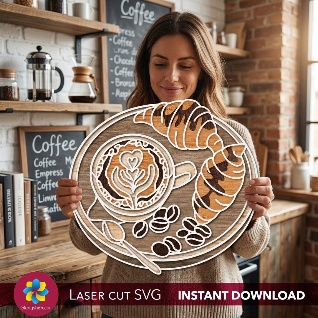 3D Layered Coffee & Croissant Wall Art SVG, Multilayer Cafe Decor Laser ...