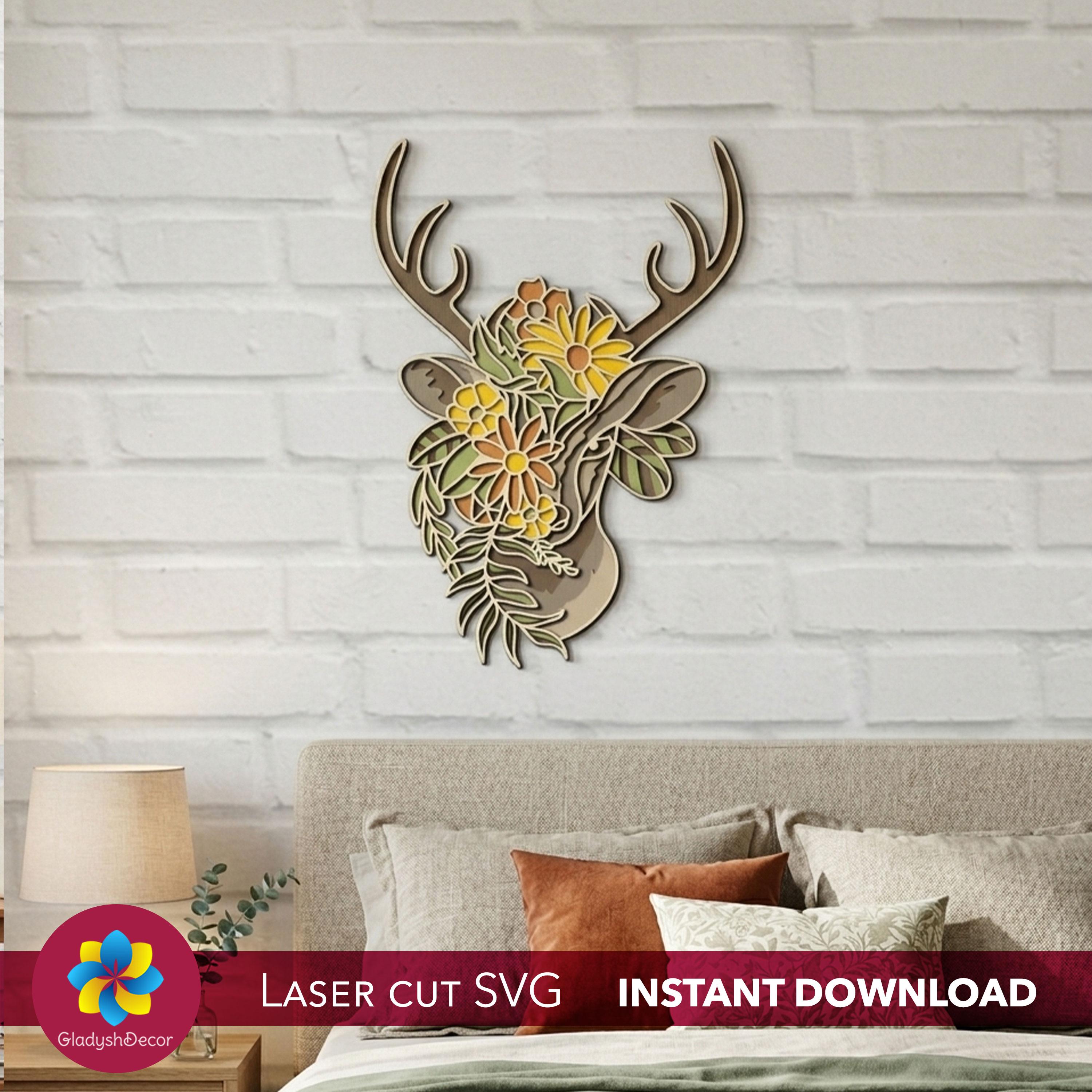 3D Layered Deer SVG for Laser Cut, Floral Animal Wall Art, Multi-layer ...