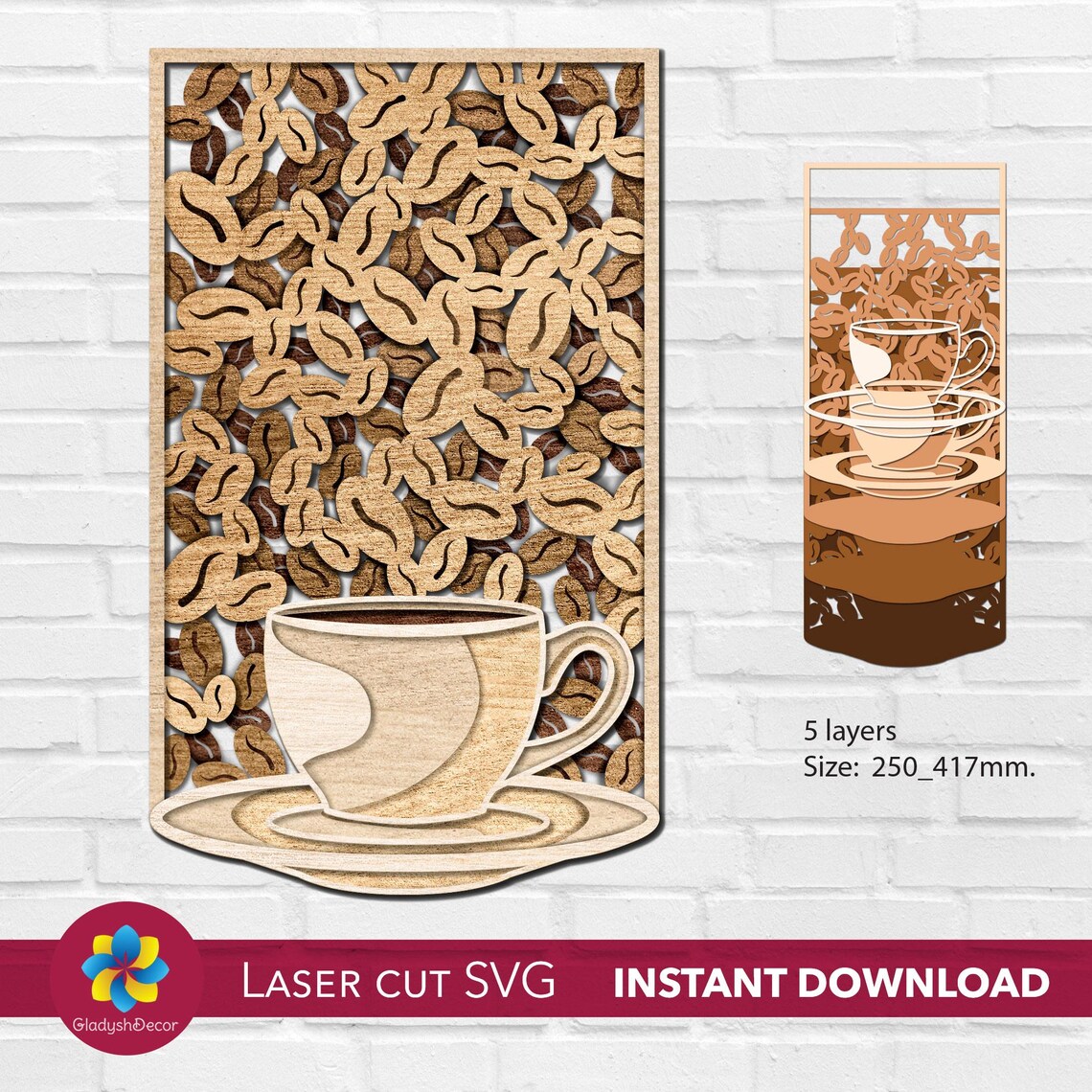 3D Coffee Cup Layered SVG, 5-layer Coffee Beans Wall Art File, Coffee ...