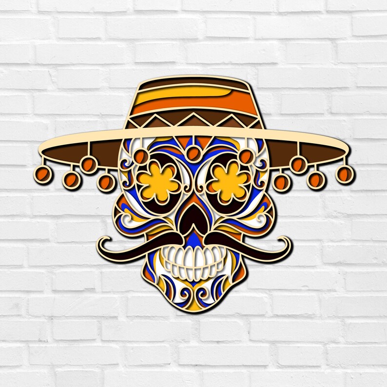 Skull 3D Layer SVG, Sugar Skull Sombrero DXF, Mexico Wall Decor, Skull ...