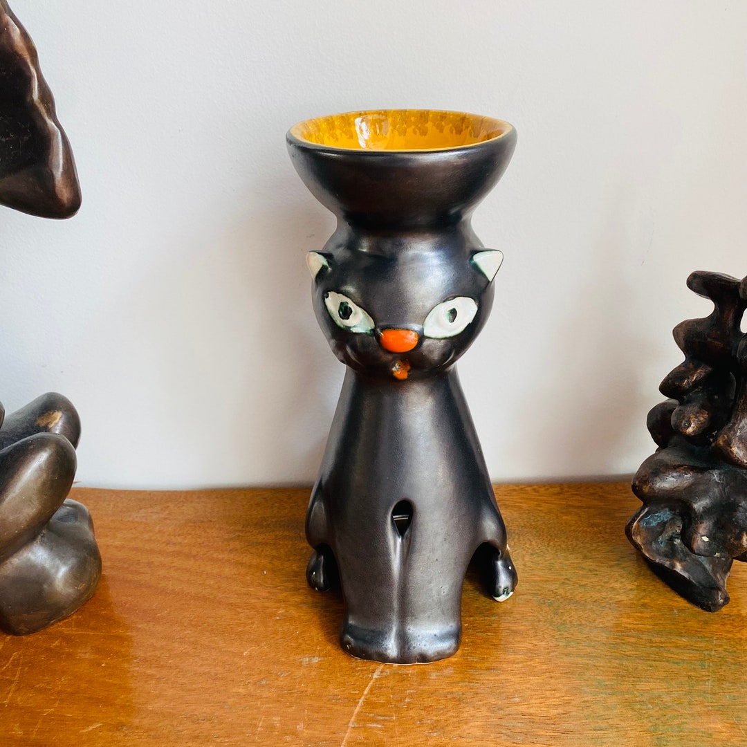 Vintage Rare Black Cat Ceramic Statue, Candle-holder, Mid-century Pottery - Etsy