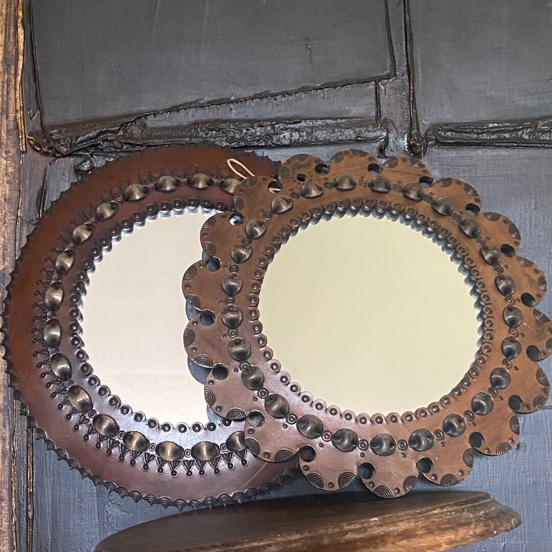 Mirror in Vintage Genuine Leather Frame, Wall Mirror, Vanity Mirror ...