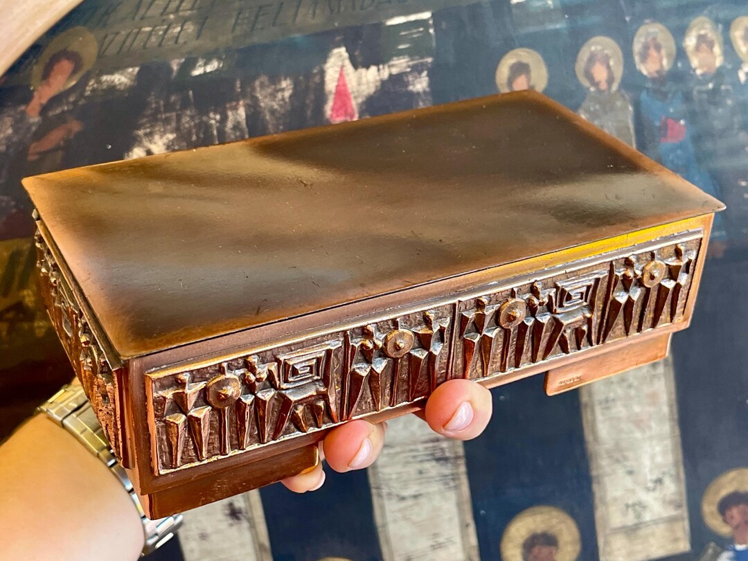 Mid Century Copper Box, Cubist Motif, Stylized Abstract Relief ...