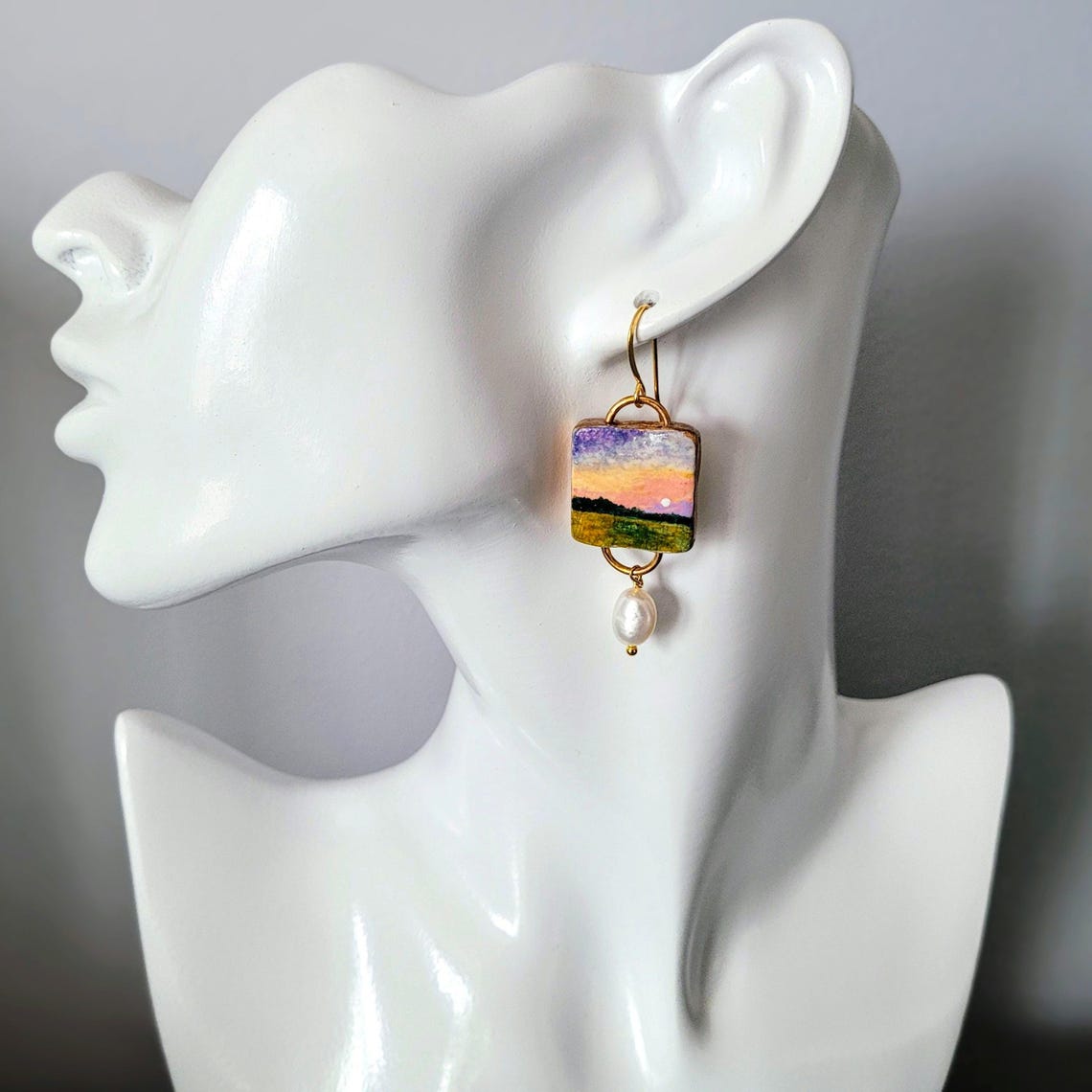 MADE TO ORDER Womens Hand Painted Pastel Sunset Earrings Boho Whimsical Nature Landscape Dangles ...