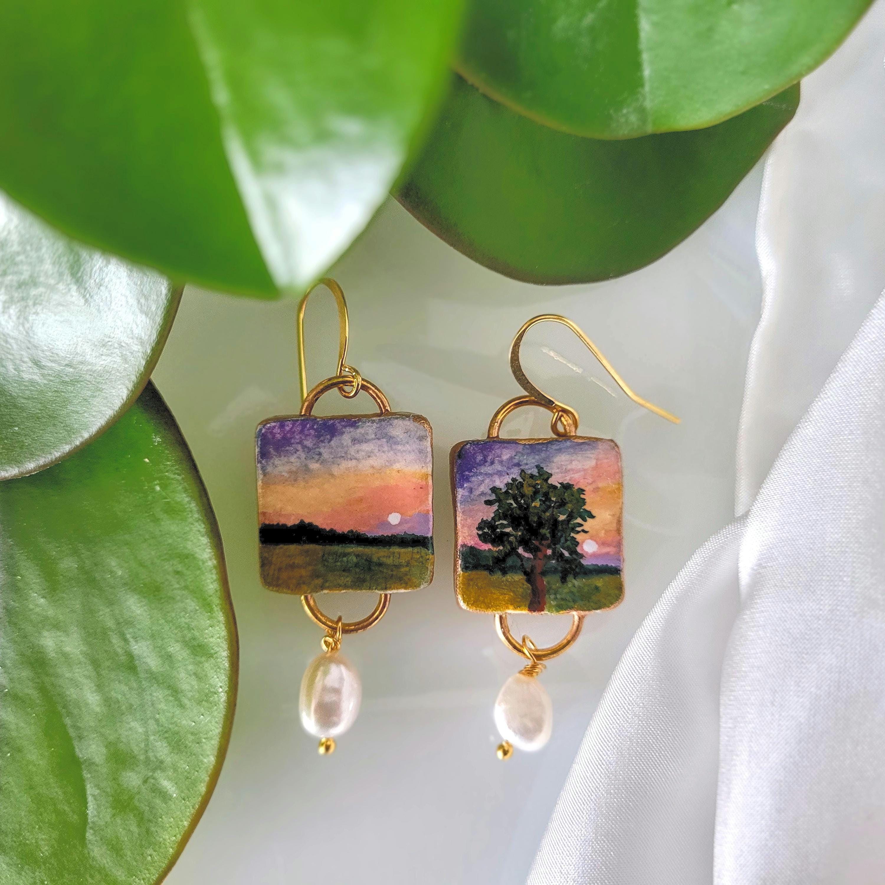MADE TO ORDER Womens Hand Painted Pastel Sunset Earrings Boho Whimsical Nature Landscape Dangles ...