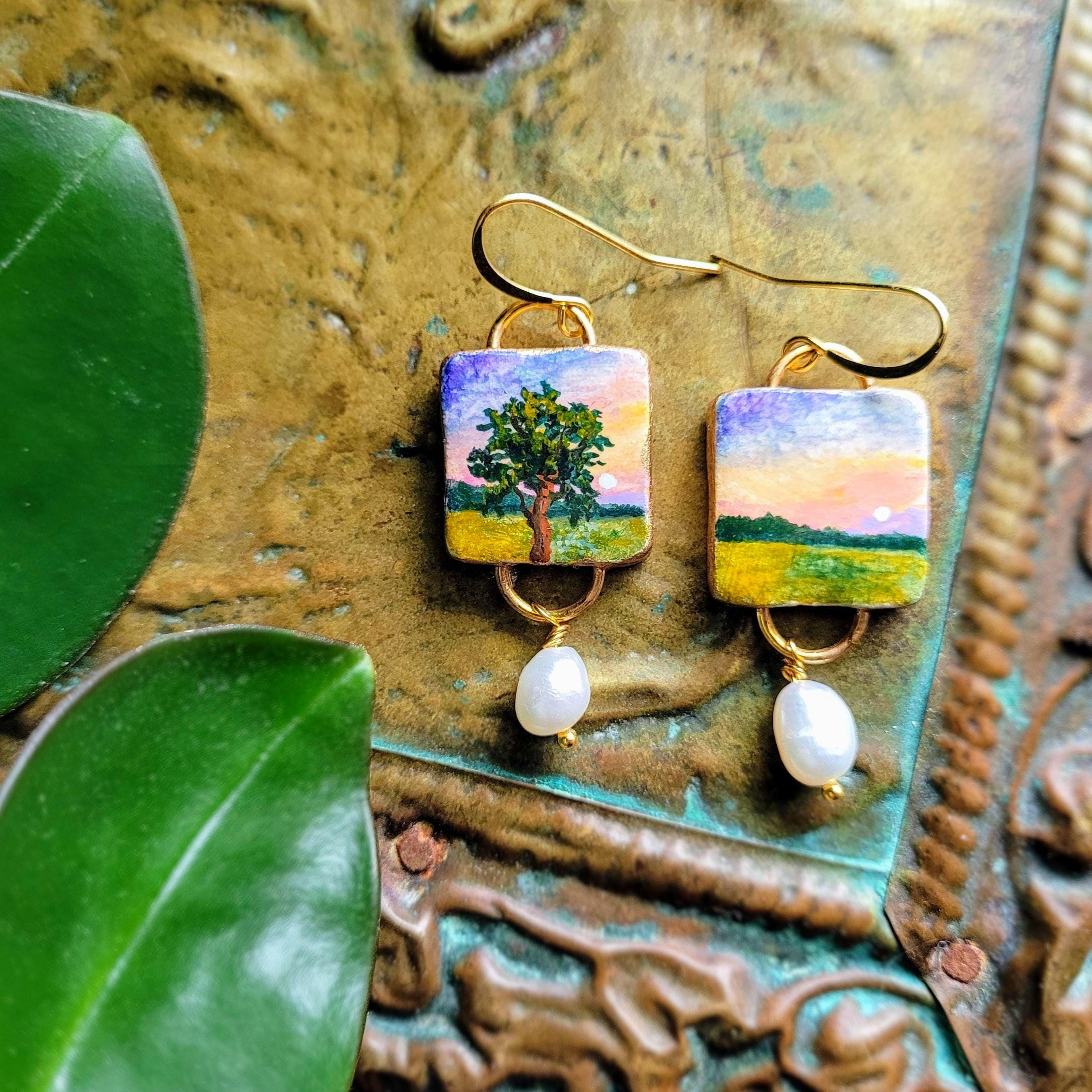 MADE TO ORDER Womens Hand Painted Pastel Sunset Earrings Boho Whimsical Nature Landscape Dangles ...