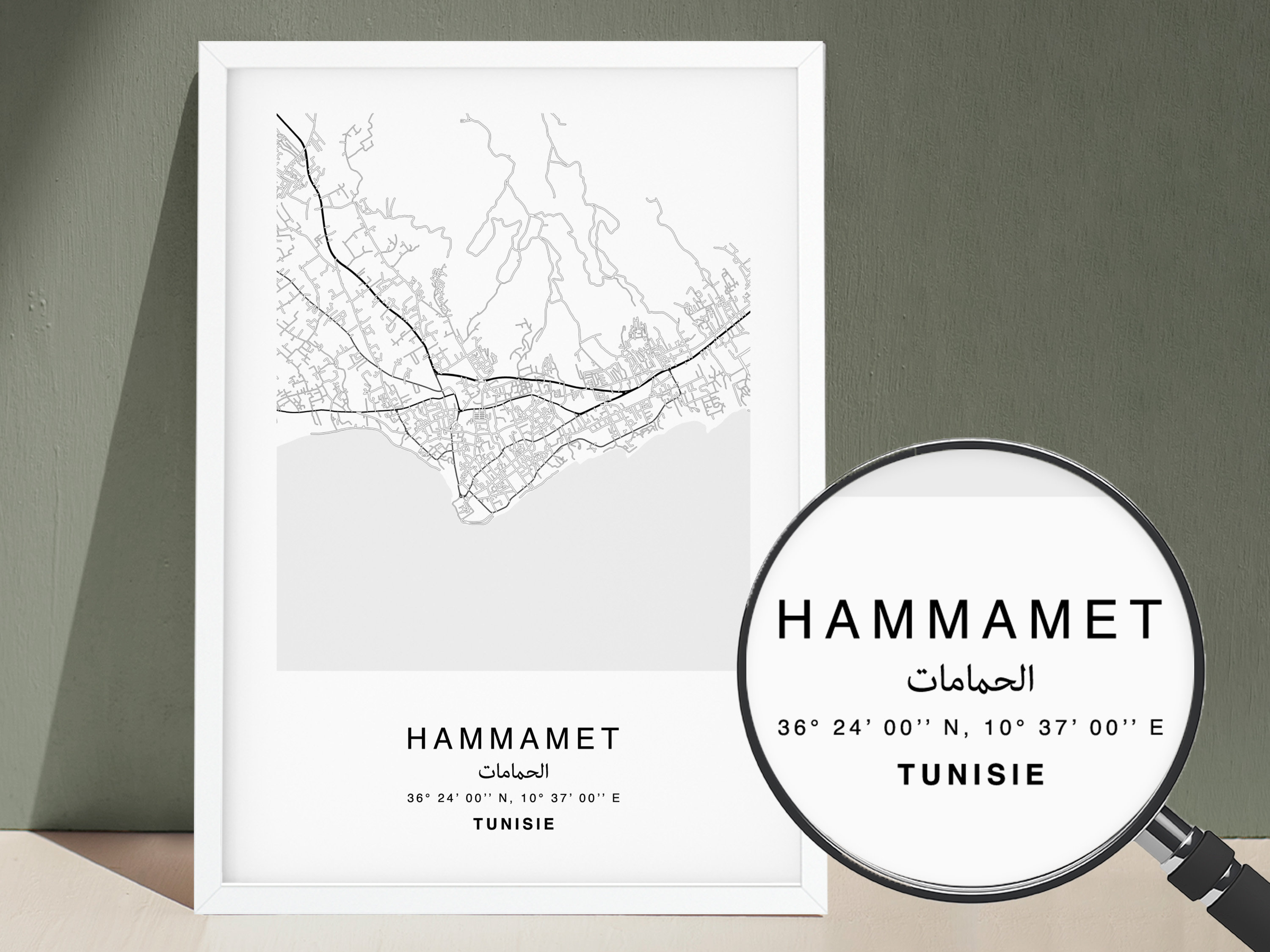 Post Poster Map of the City of Hammamet tunisia Arabic Calligraphy Eid ...