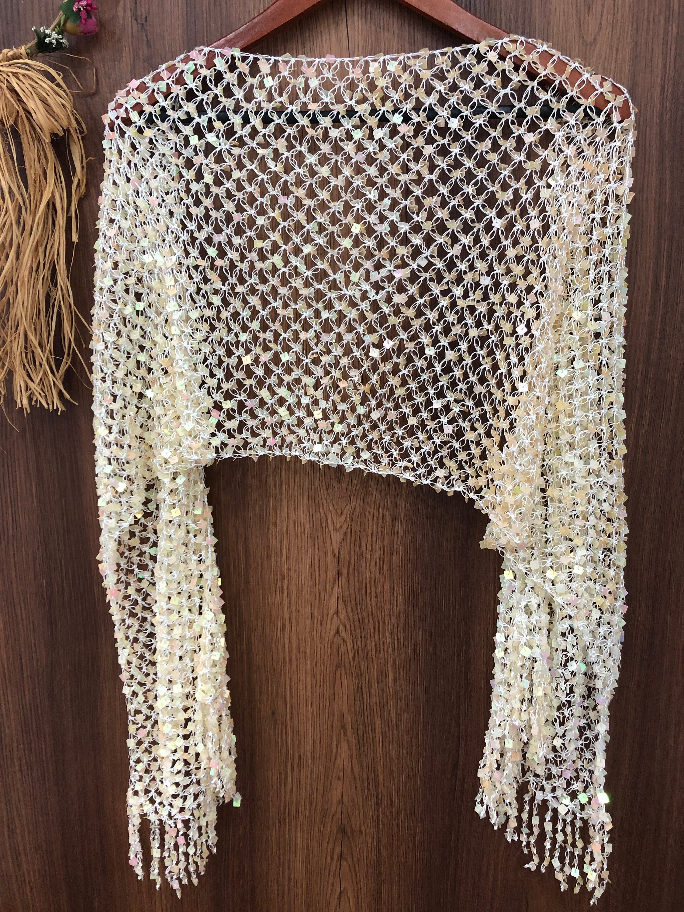 Fringed Evening Shawl,mesh Sequin Wedding Cape,bridesmaid Shawl,beaded ...