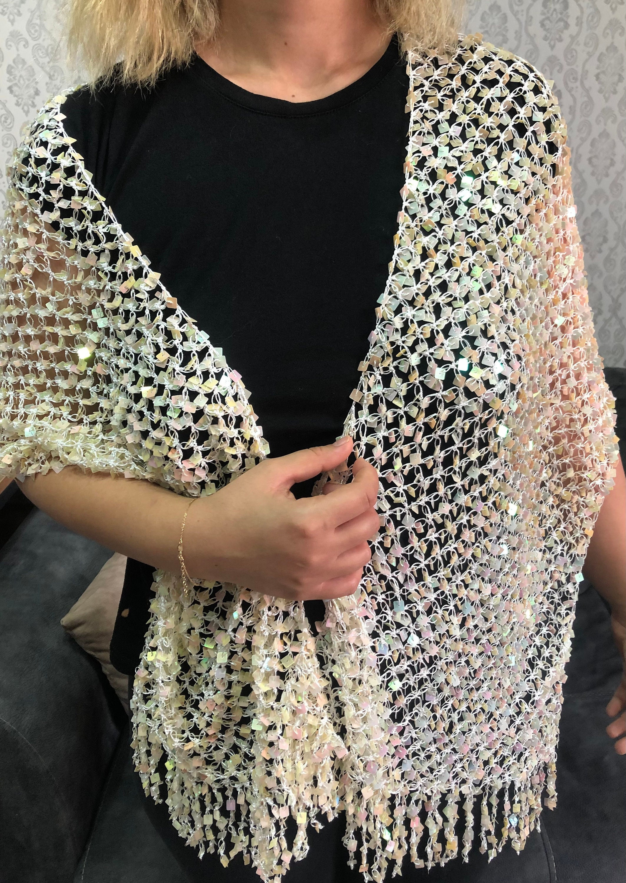 Fringed Evening Shawl,mesh Sequin Wedding Cape,bridesmaid Shawl,beaded ...