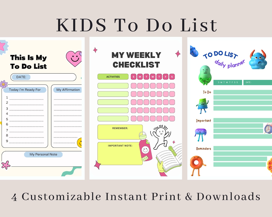 KIDS TO DO List, Printable Pdf or Digital Editable Blank to Do List ...