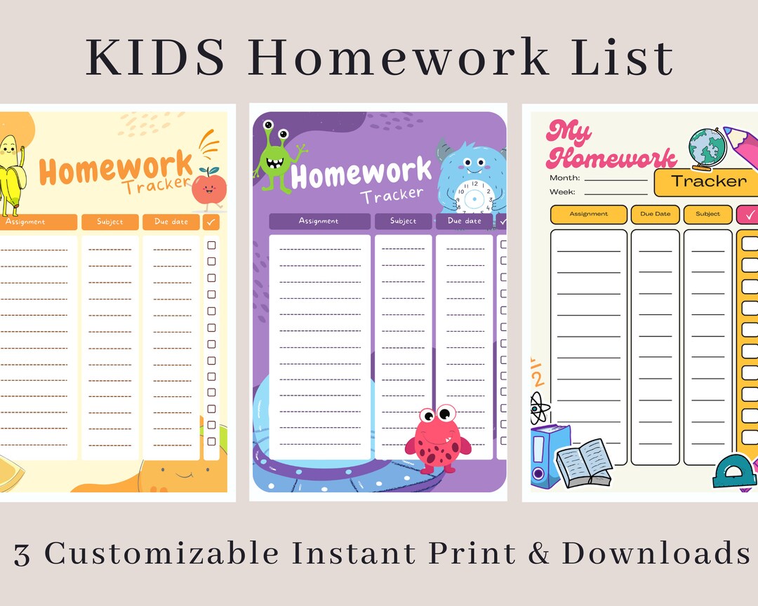 KIDS HOMEWORK List, Printable Pdf or Digital Editable Blank to Do List ...