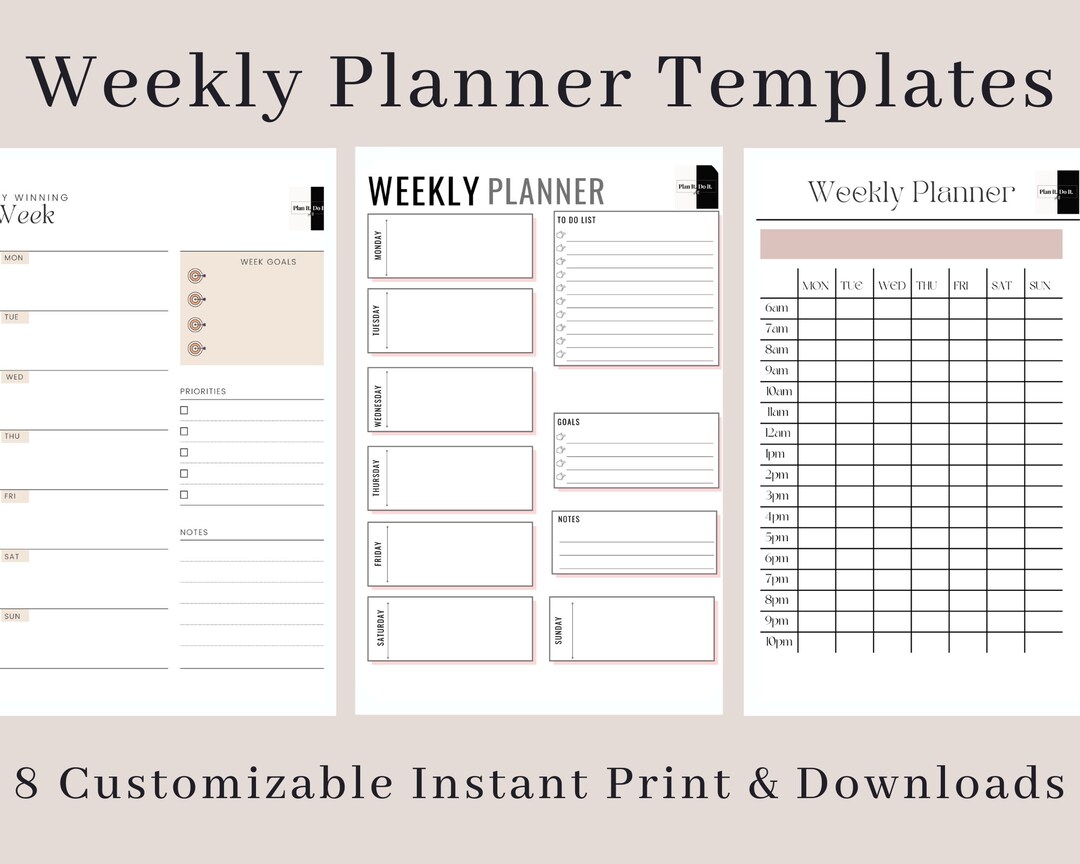 WEEKLY Planner, Printable Pdf or Digital Download, 8 Unique Daily ...