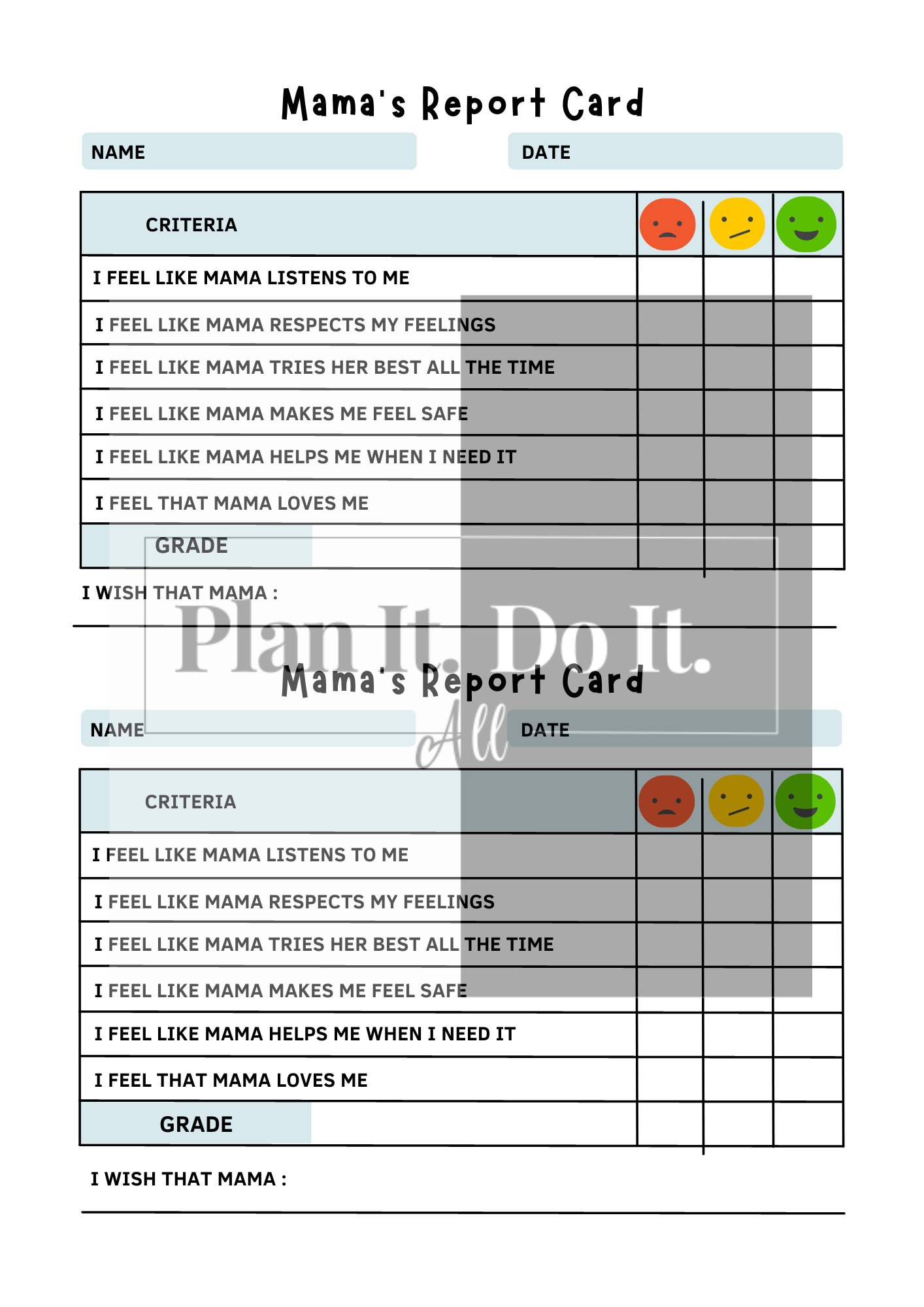 PARENT Report Card for KIDS, Communication Tool, Printable Template or ...
