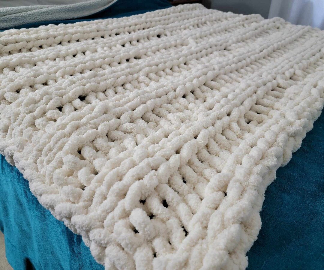 Throw Blanket Ribbed Knit Pattern Hand Knit Chunky Chenille - Etsy