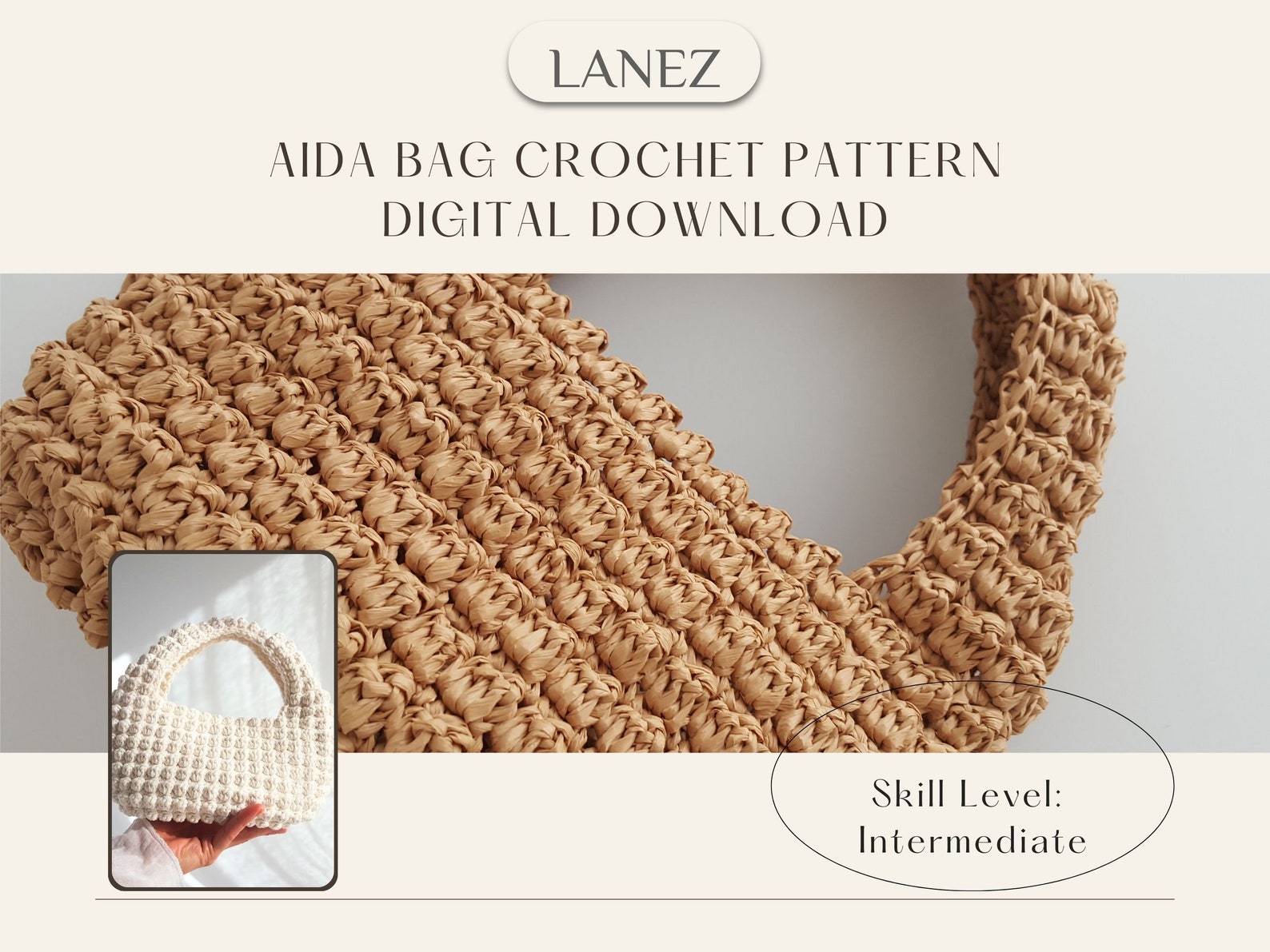 Crochet PATTERN: Aida Raffia Hobo Bag, Small Bobble Stitch Handbag ...