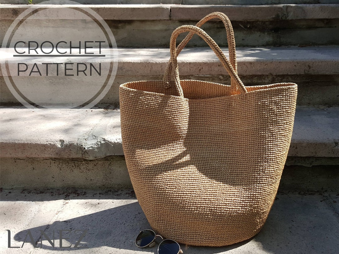 Crochet PATTERN, Large Raffia Beach Bag, Round Base Straw Tote Handbag ...