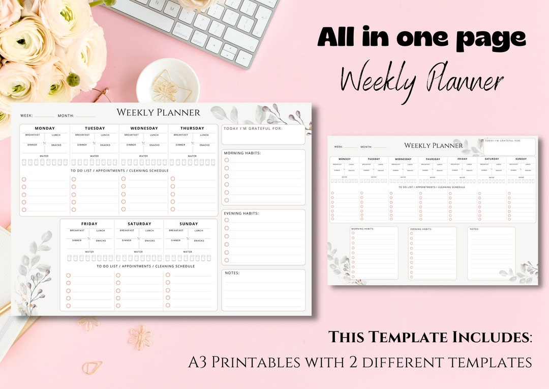 All in One Page Weekly Planner A3 Format Printable Meal, Cleaning ...