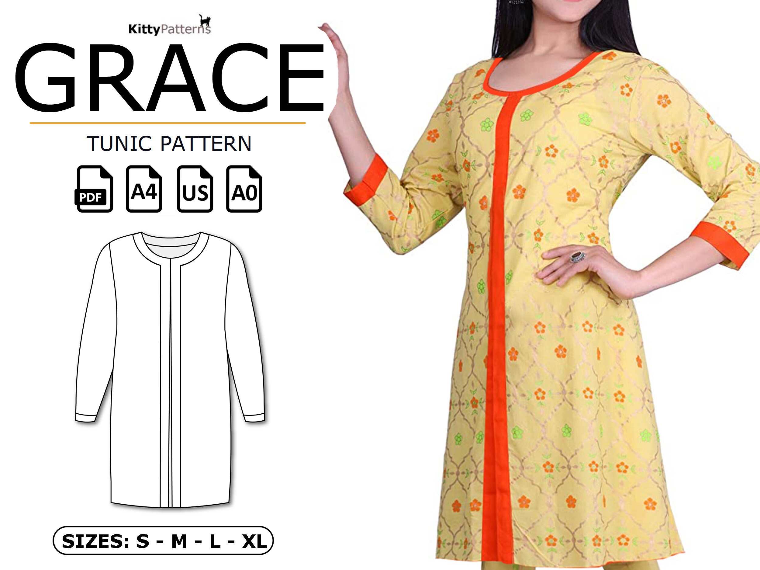 GRACE Tunic Sewing Pattern PDF S,M,L,XL Tunic Dress Pattern Long Tunic ...