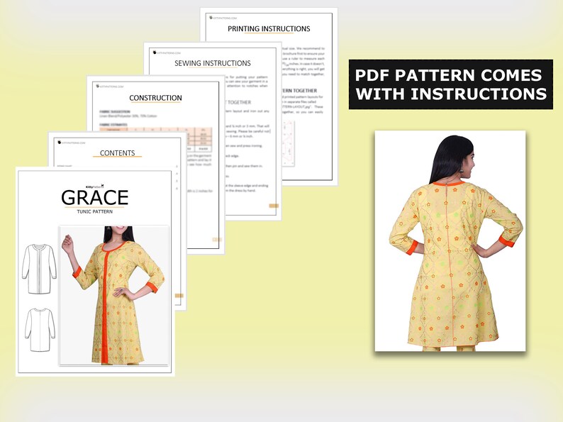 GRACE Tunic Sewing Pattern PDF S,M,L,XL Tunic Dress Pattern Long Tunic ...