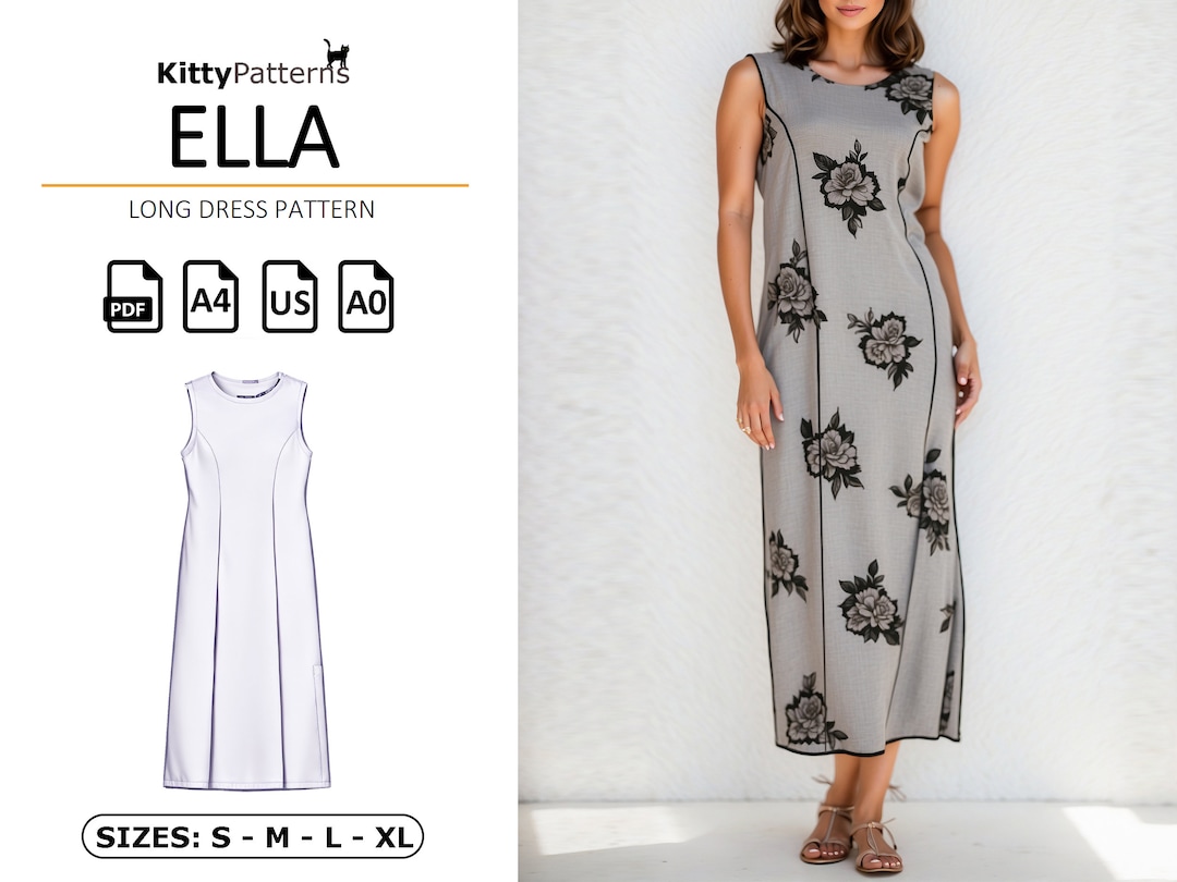 ELLA - Long Dress Pattern PDF - S,M,L,XL - Formal Dress Pattern - Long ...