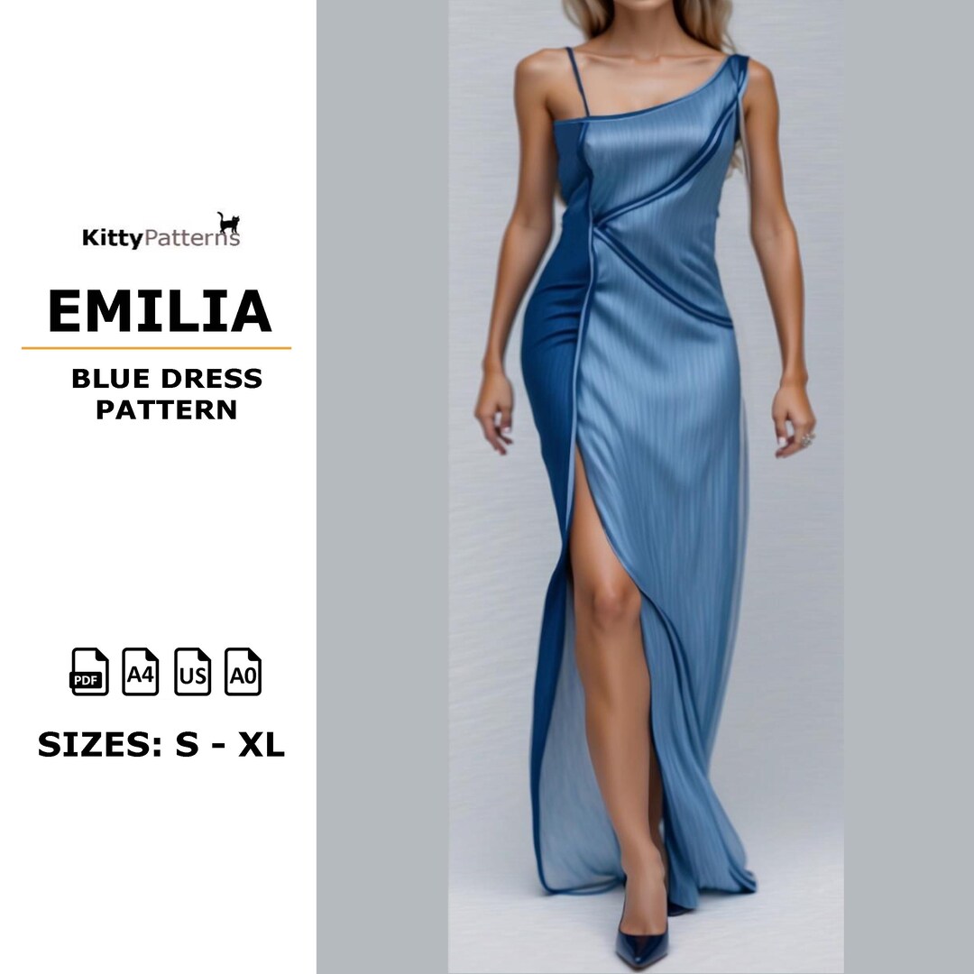 Blue Satin Dress Sewing Pattern: EMILIA - S, M, L, XL (PDF) - Etsy