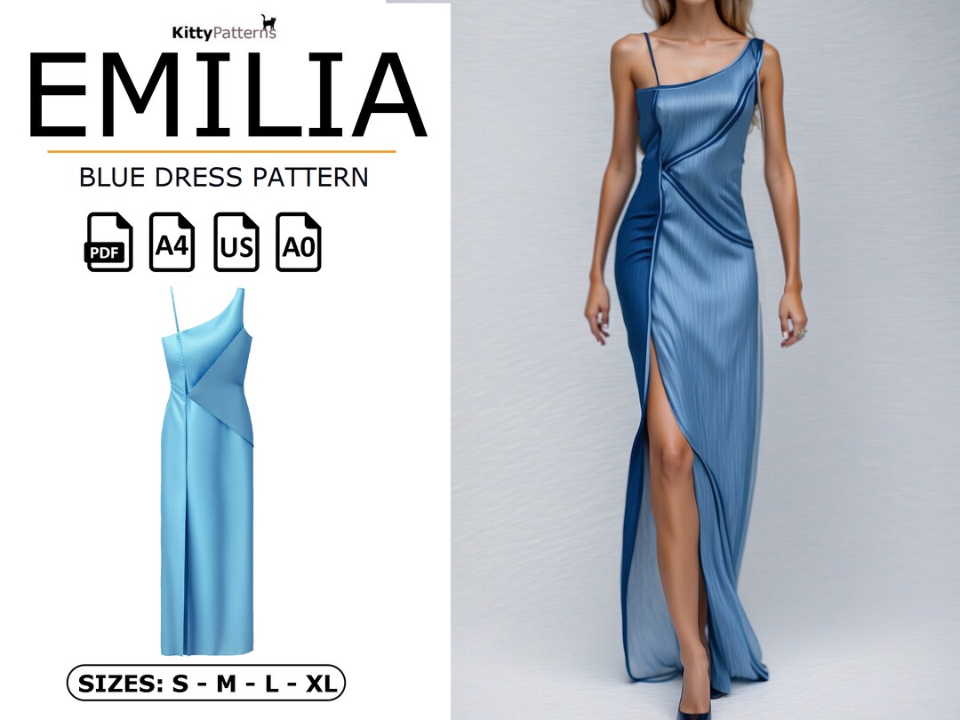EMILIA Blue Dress Pattern PDF S,M,L,XL Sexy Dress Pattern Satin Blue ...