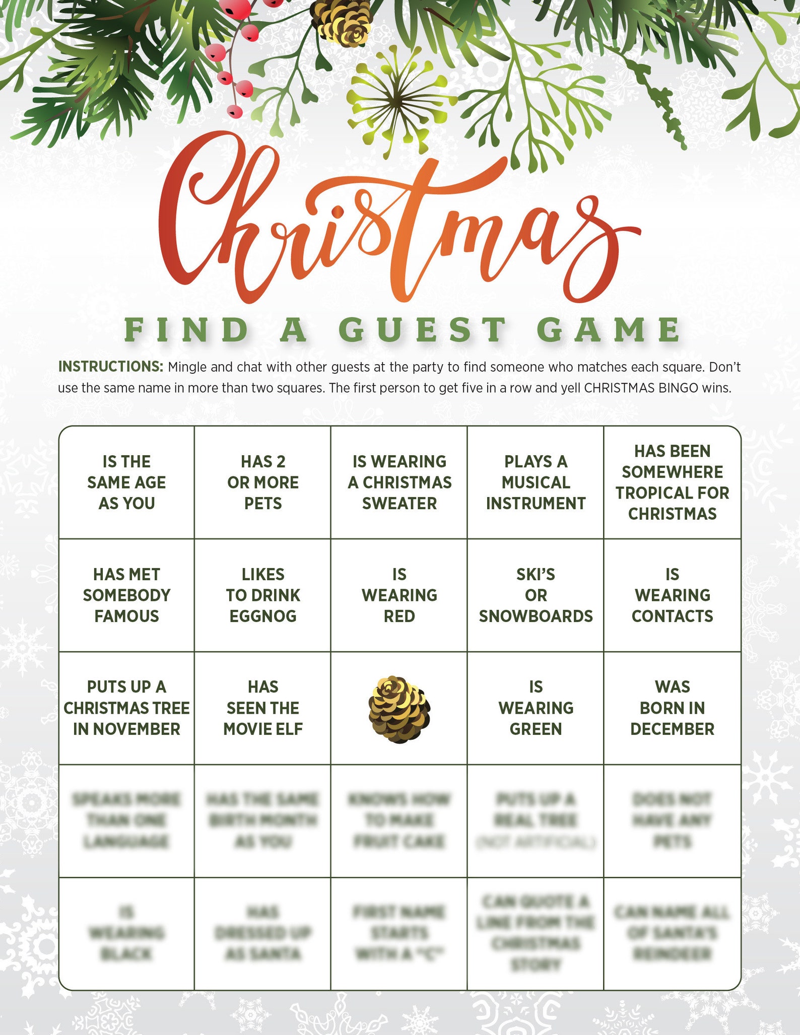 Christmas Find the Guest Game, Find the Guest Bingo, Christmas Party ...