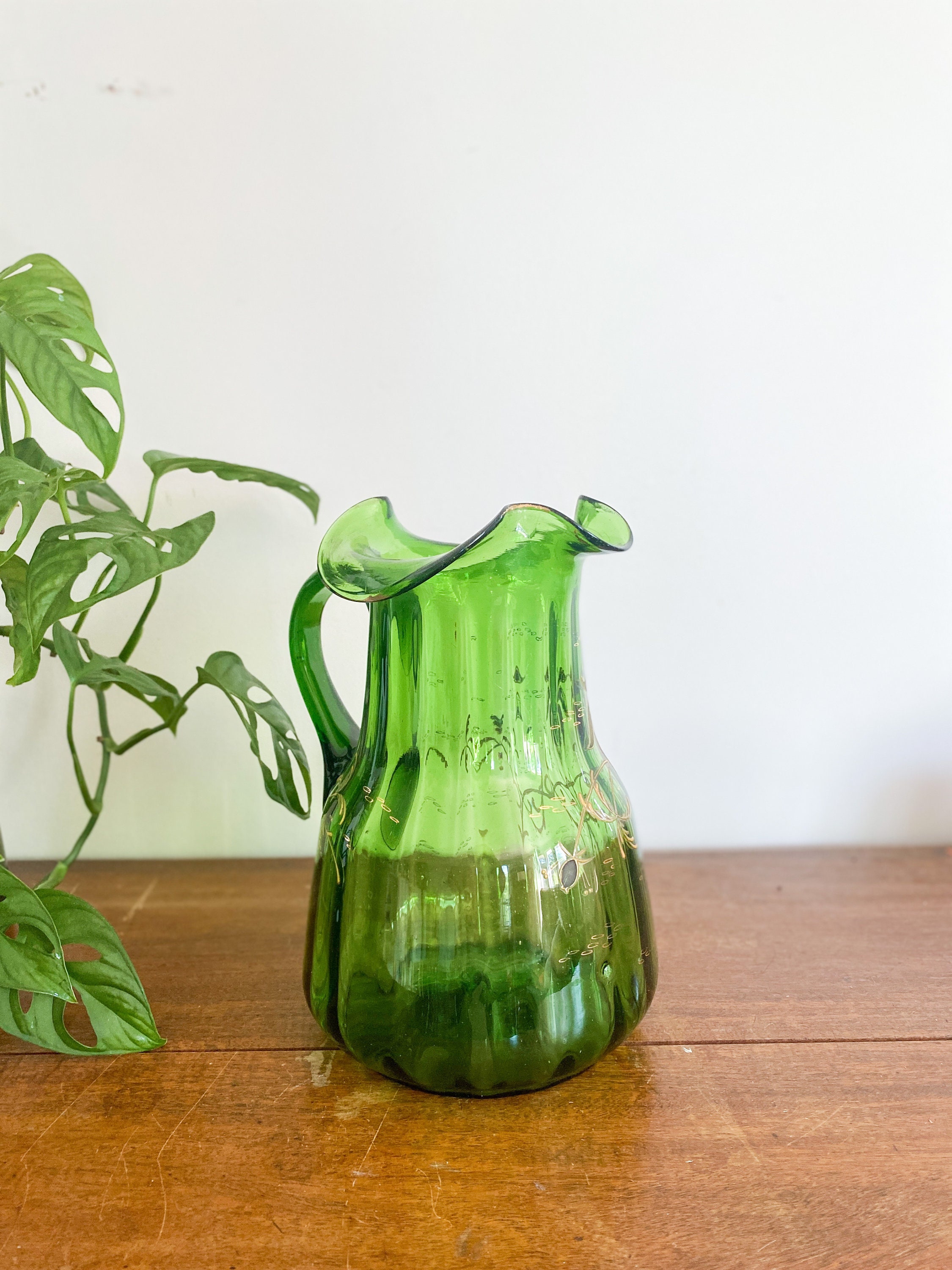 Green Glass Jug With Gold Design - Etsy