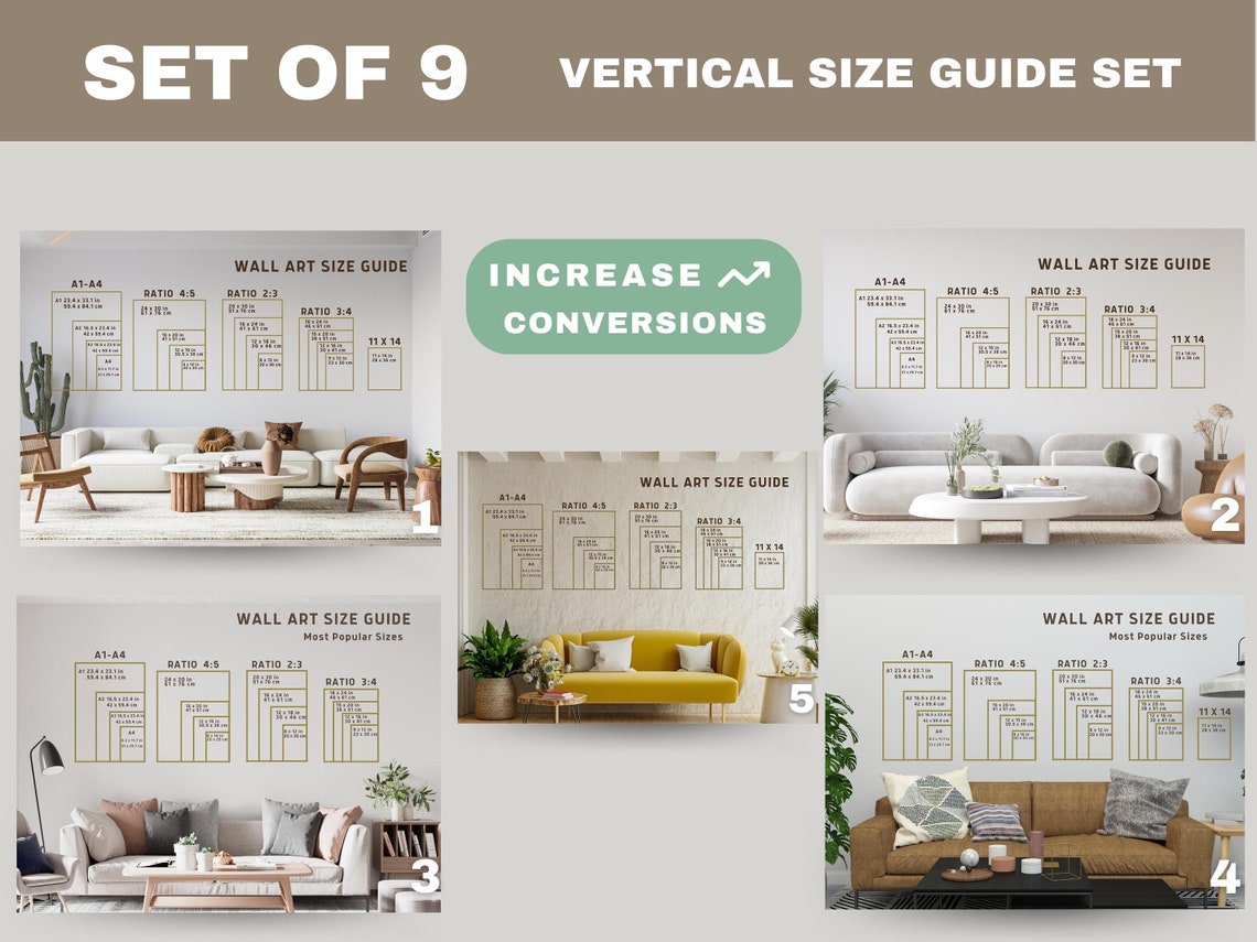Set of 9, Wall Art Size Guide, Frame Size Guide, Print Size Guide, Wall ...