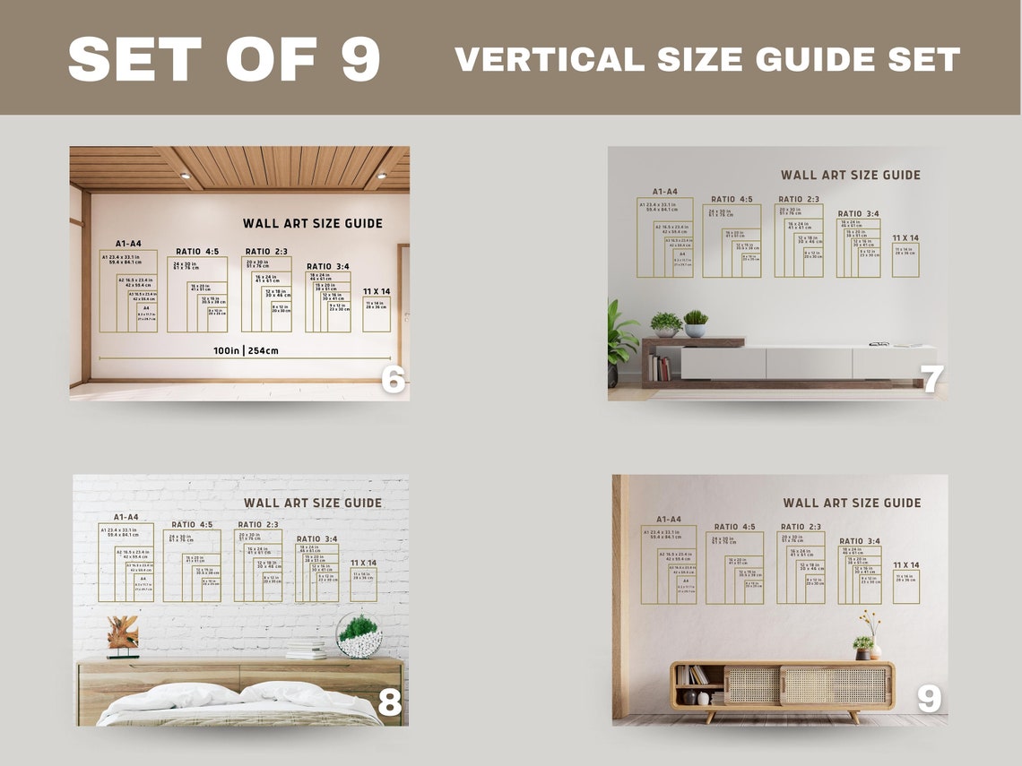 Set of 9, Wall Art Size Guide, Frame Size Guide, Print Size Guide, Wall ...