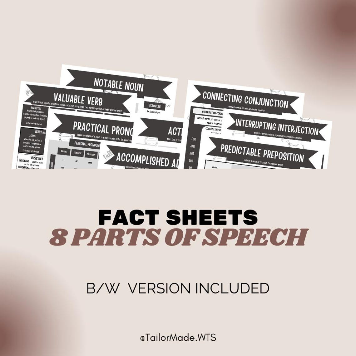 8 Parts of Speech Fact Sheets | Grammar Review Activity | Nouns ...