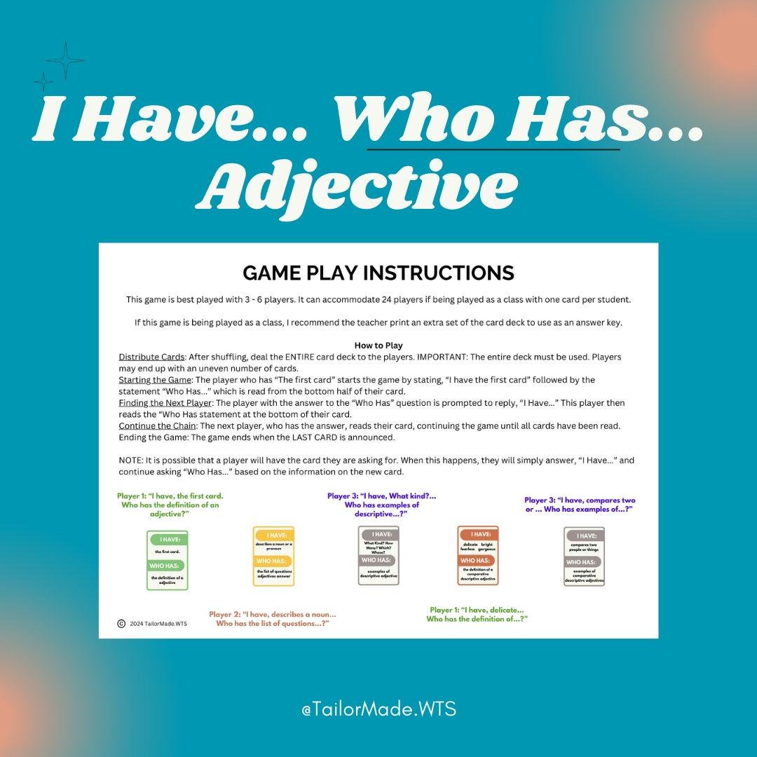 I Have, Who Has? Adjective Game | Fun Grammar Activity | Adjective ...
