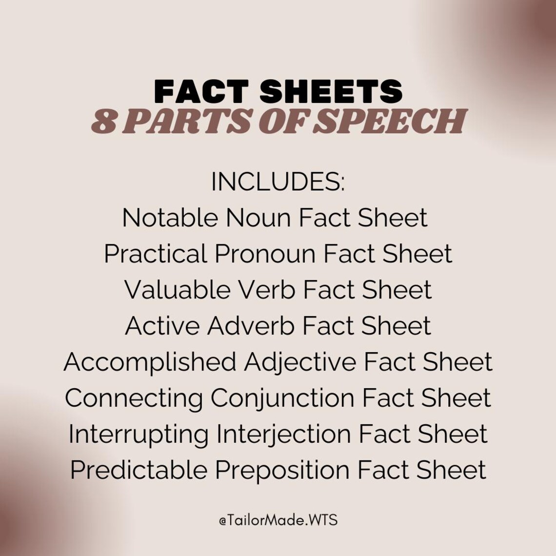 8 Parts of Speech Fact Sheets | Grammar Review Activity | Nouns ...