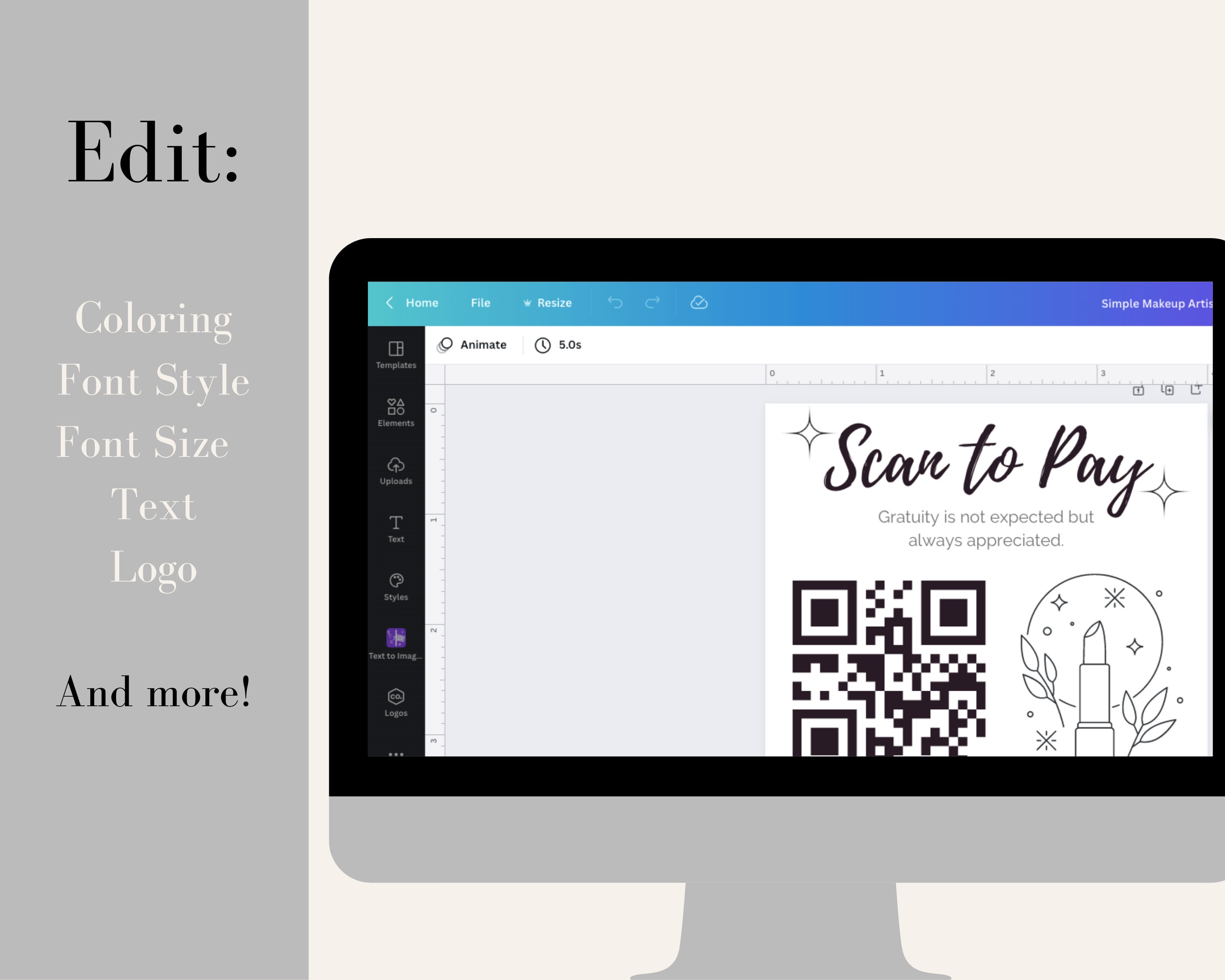 Makeup Artist QR Code Scan Sign, Payment Sign, Pro MUA, Editable Canva ...