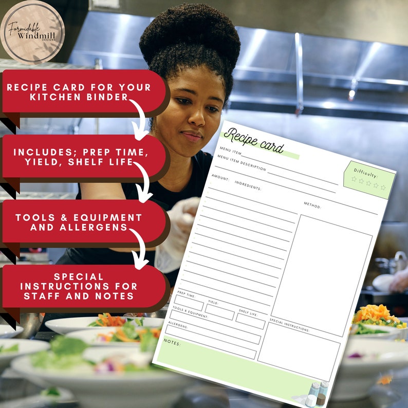 Recipe Card Printable for Kitchen Binder Professional Kitchen Recipe ...