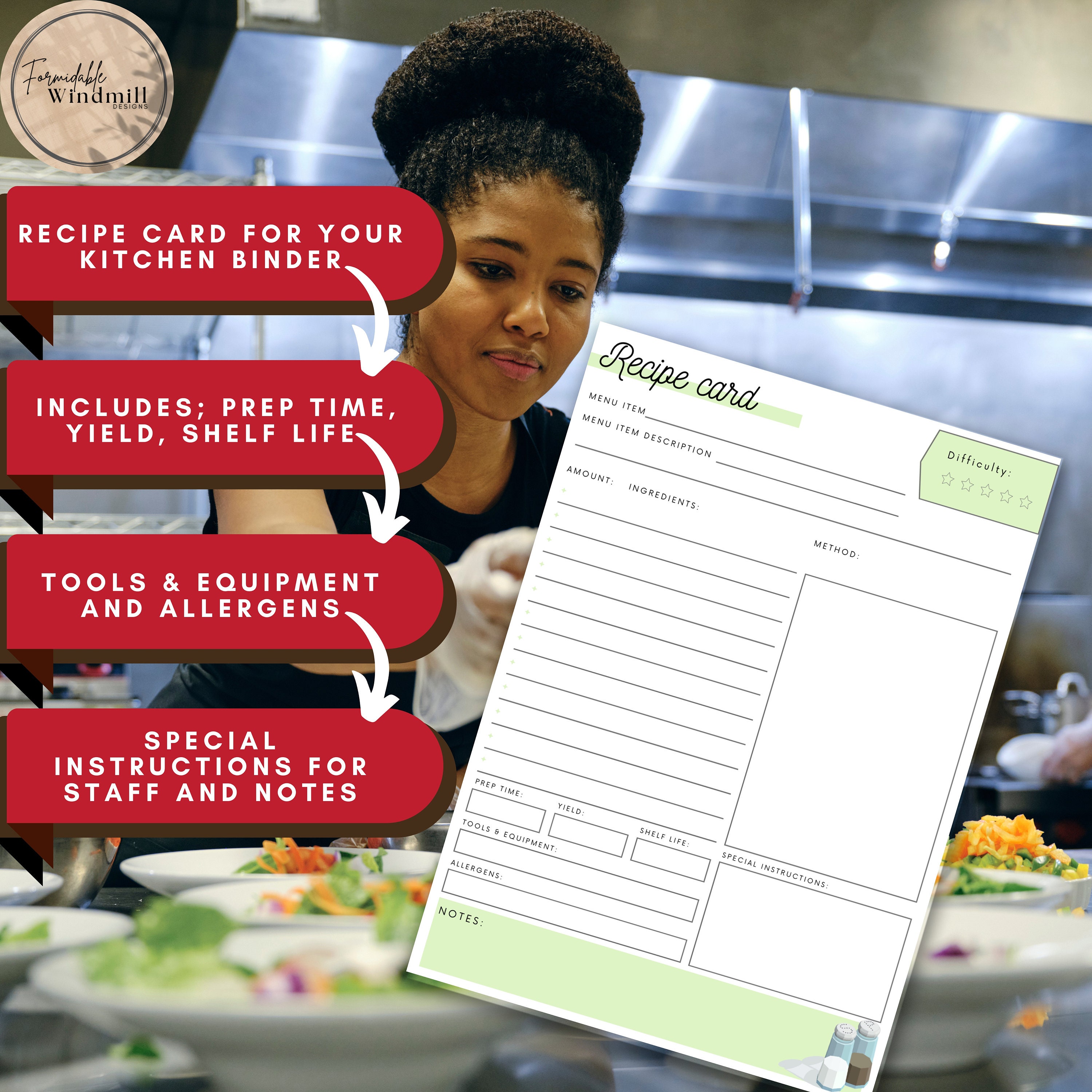 Recipe Card Printable for Kitchen Binder Professional Kitchen Recipe ...