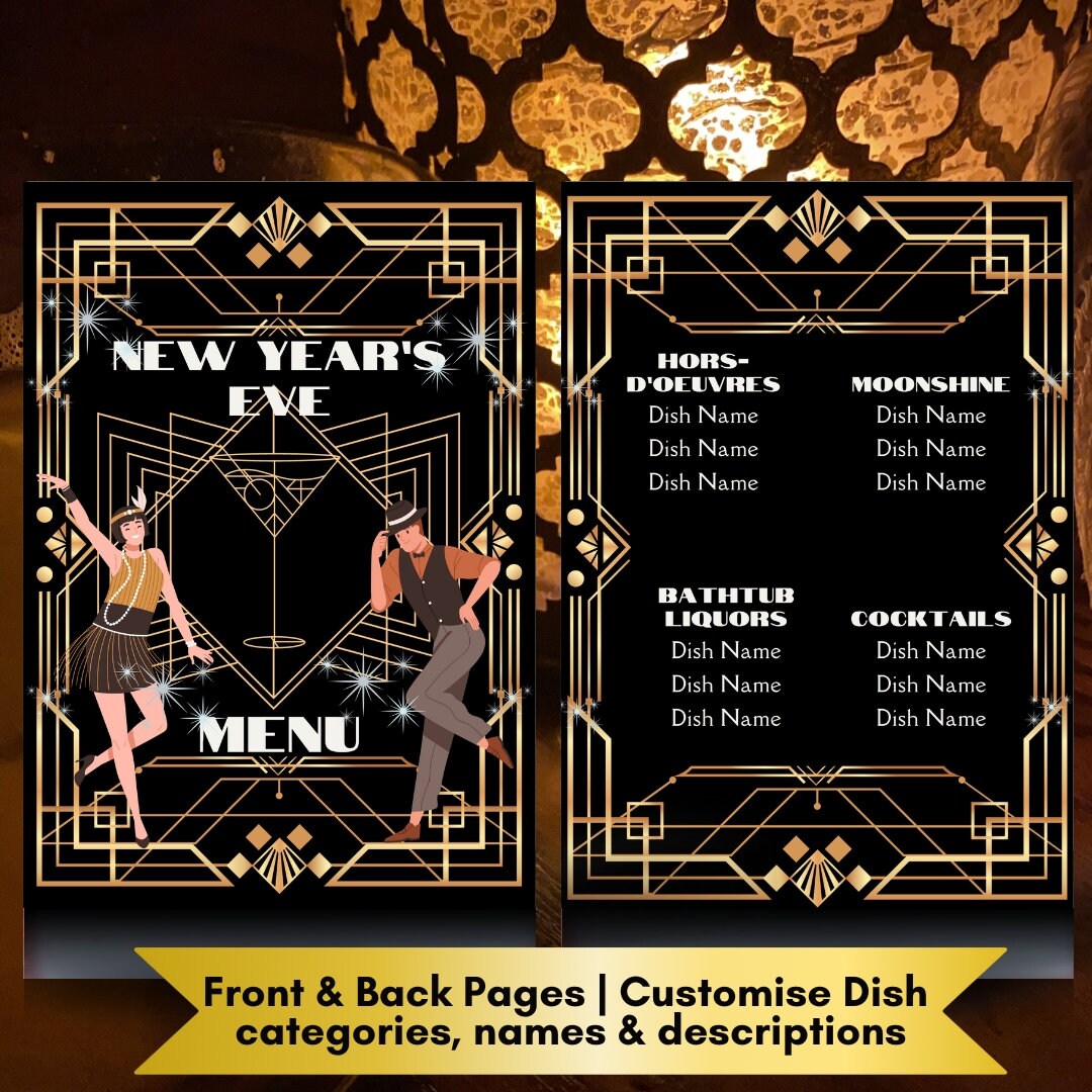NEW YEARS Eve Menu Template in 1920s Speakeasy Design, Editable in ...