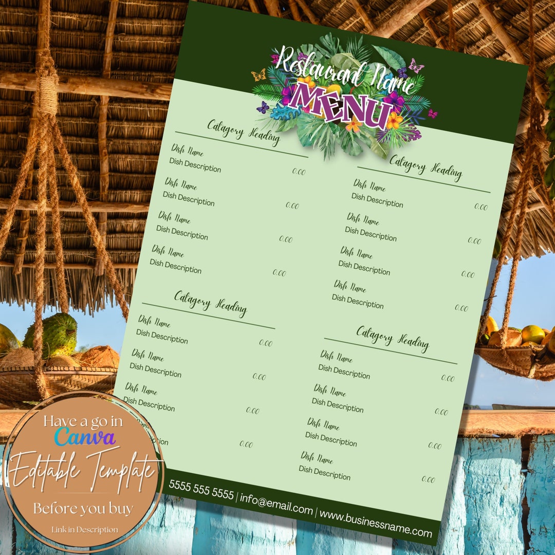 Tropical Restaurant Menu Template: Editable Canva Design (instant ...