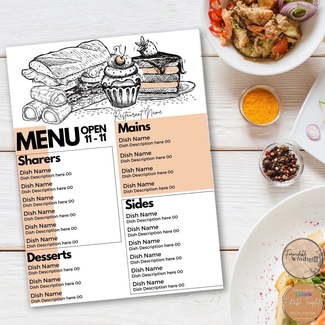 Sketched Sandwich & Cake Menu Template: Editable Canva Design (instant ...