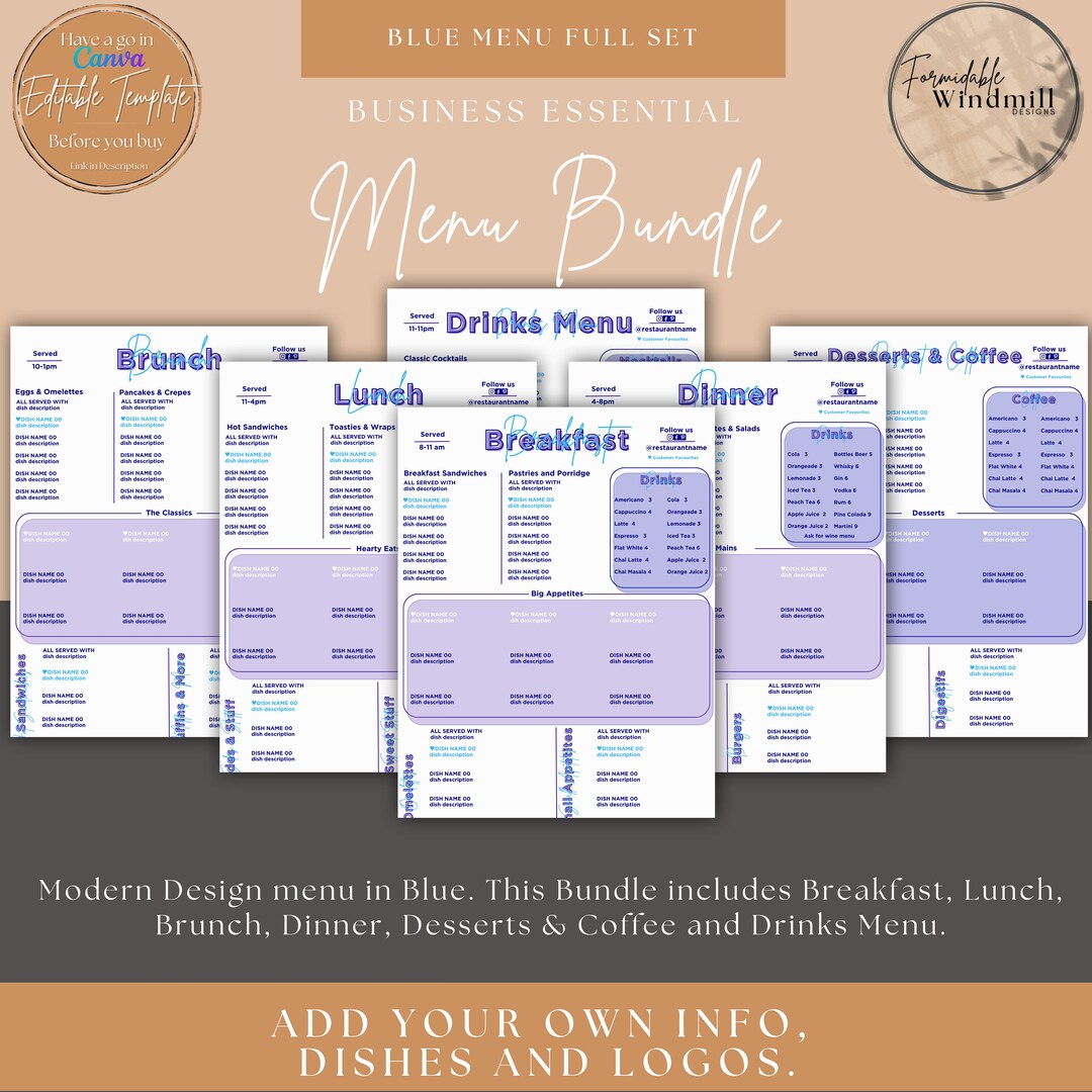 Menu Template Bundle for Food Businesses in Modern Blue Design Editable ...
