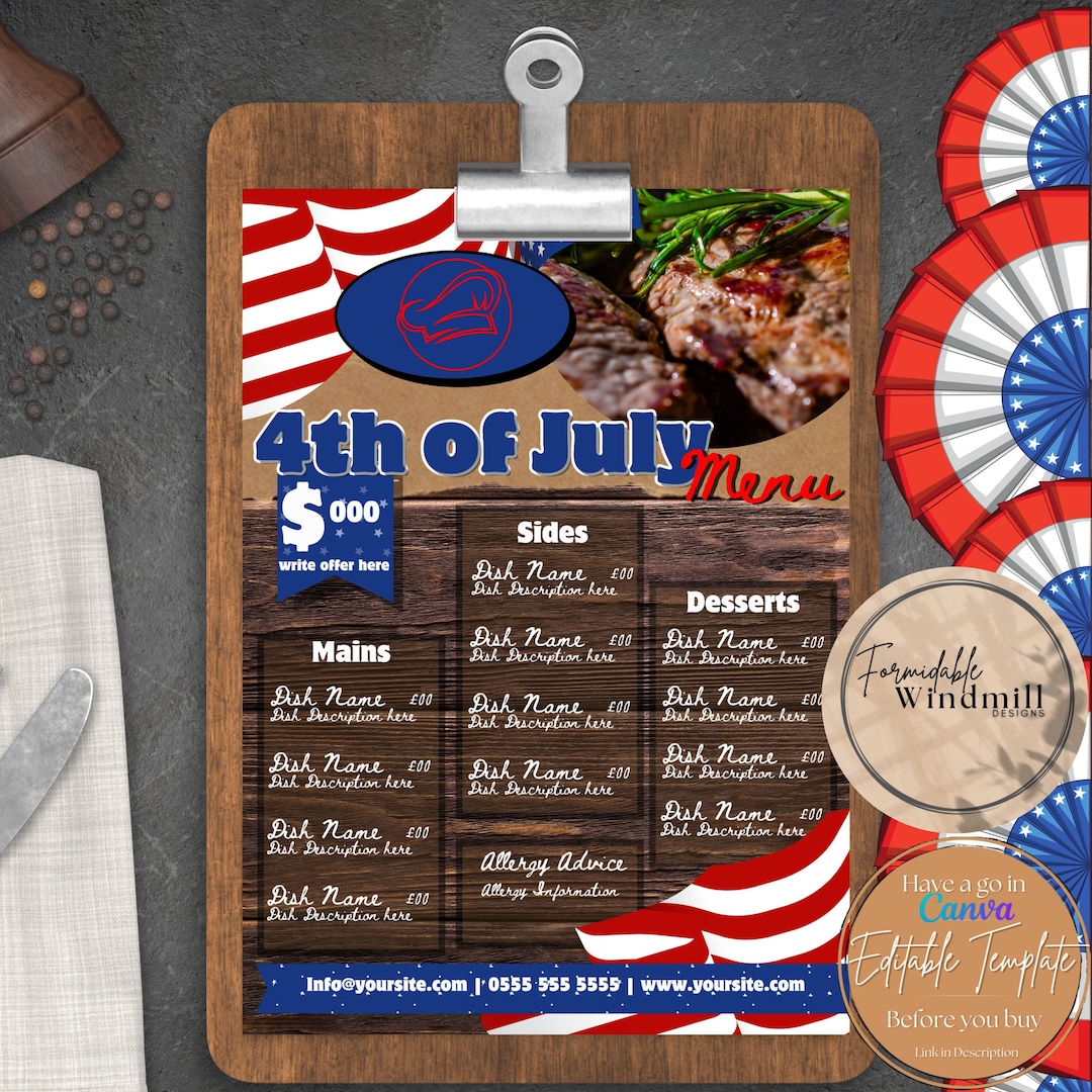 July 4th BBQ Menu Template for Food Business Editable Canva Template ...