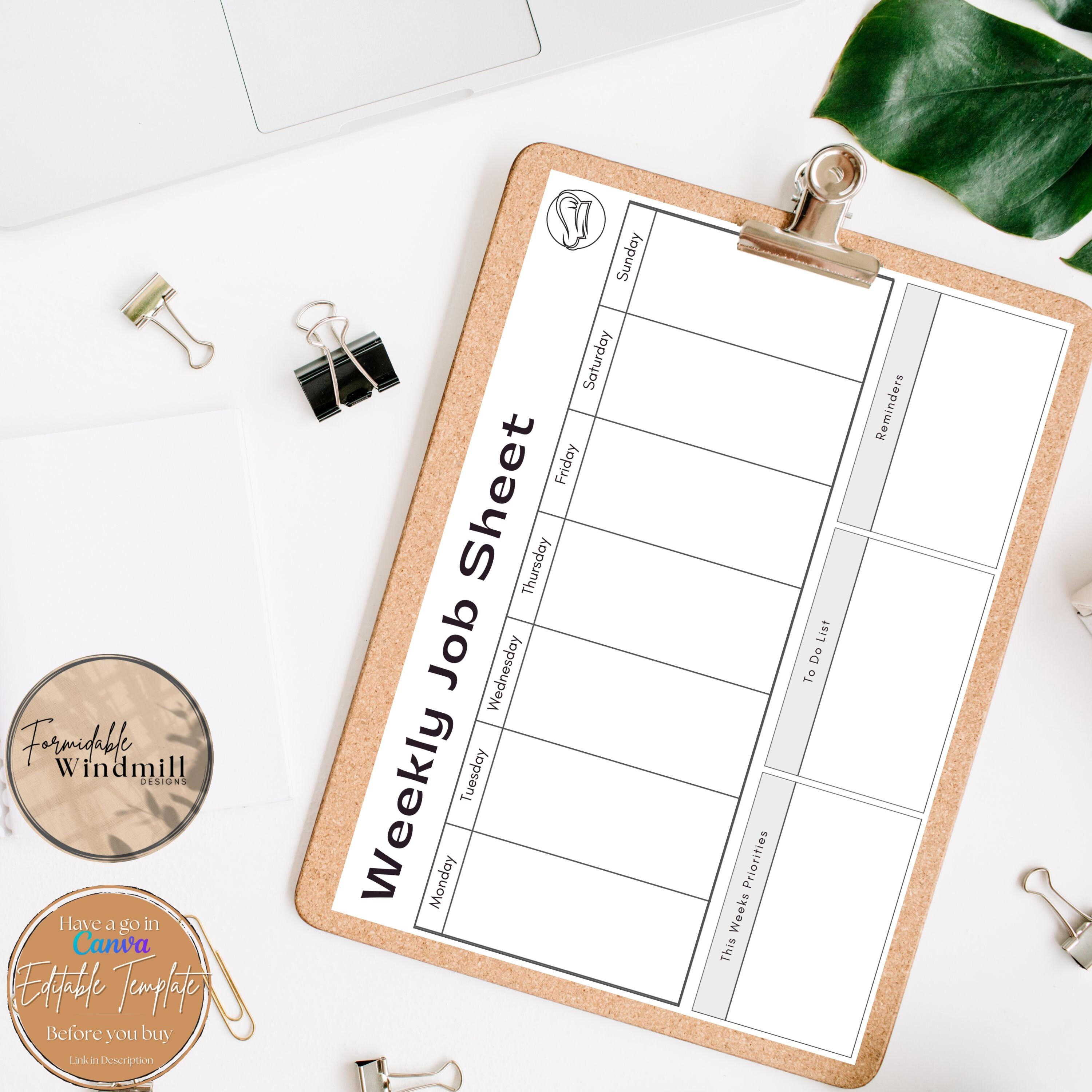 Printable Job Sheet for a Weekly Office Workflow Minimalist Small ...