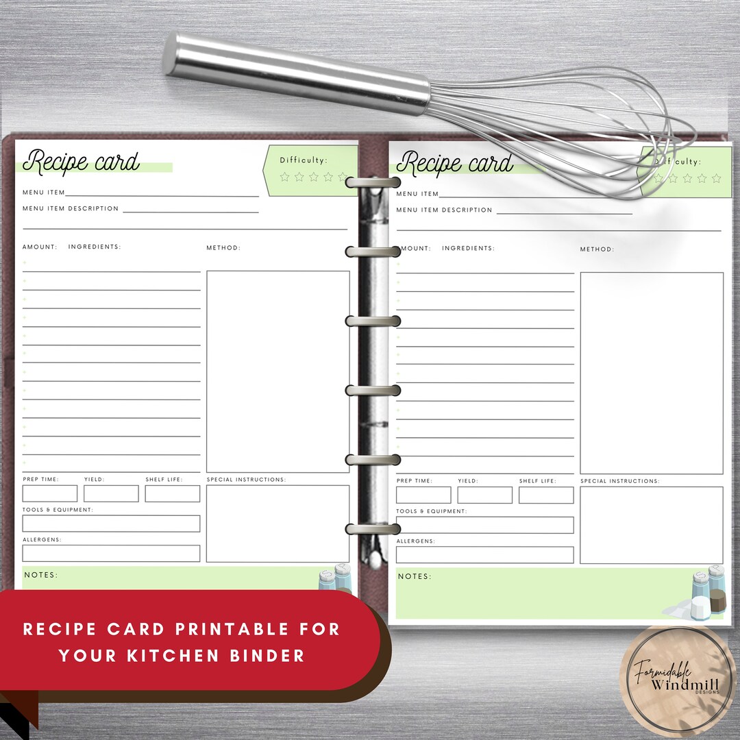 Recipe Card Printable for Kitchen Binder Professional Kitchen Recipe ...